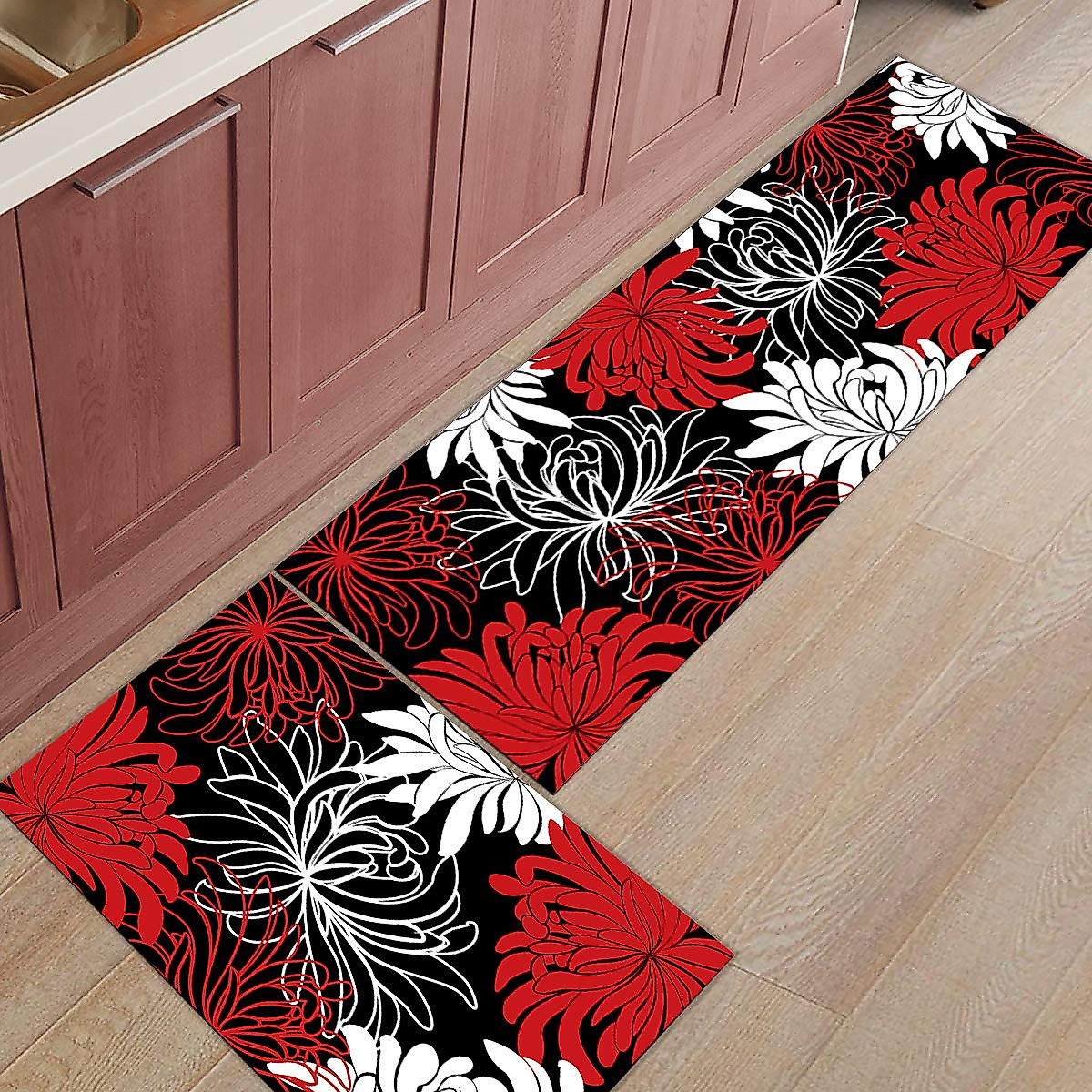 Kitchen Mats 2 Piece Set Non-slip Absorbent Kitchen Mat and Rug Comfort Standing Mats Abstract Floral Red Black and White Dahlia Floor Mats Runner Rug for Laundry Room, 15.7x23.6inch+15.7x47.2inch