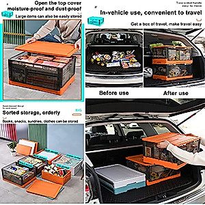 Plastic Collapsible Storage Bins,Stackable Lidded Storage Bins Durable Thick Folding Utility Crates Clear Containers,Storage Cubes Bins Organizer for Wardrobe Closet Groceries-Orange 54l(19.4x14.3x11.