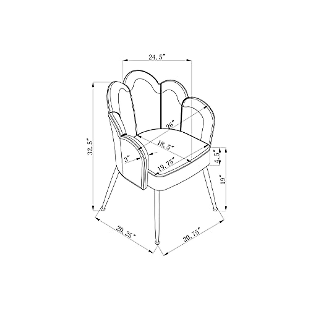 Iconic Home Mia Rose Dining Side Chair Velvet Upholstery Scalloped Clamshell Back Gold Plated Solid Metal Legs (1 Piece) Modern Transitional, Silver