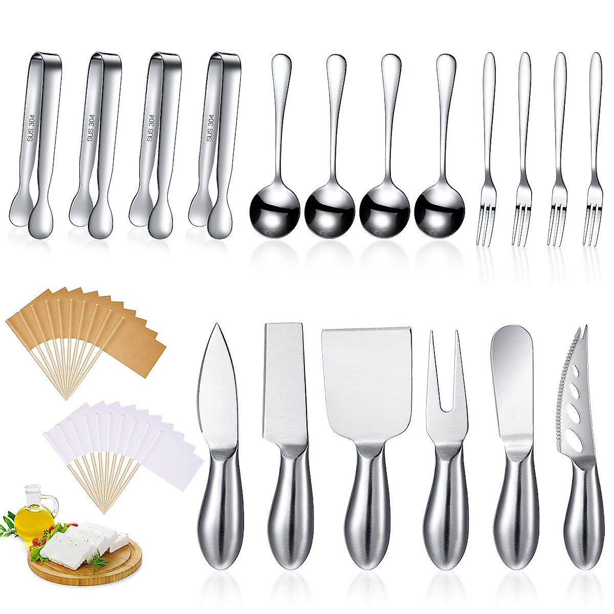 Patelai Charcuterie Board Accessories Cheese Spreader Knife Set Charcuterie Utensils Butter Knife Stainless Steel Mini Serving Tongs Spoons Appetizer Forks for Pastry Christmas(Silver,18 Pieces)
