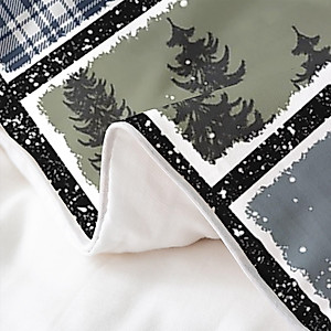 Erosebridal 100% Cotton Farmhouse Deer Comforter Cover King Woodland Bear Moose Elk Bedding Set, Rustic Reindeer Lodge Cabin Vintage Country Pine Trees Blue Checkered Buffalo Plaid Duvet Cover