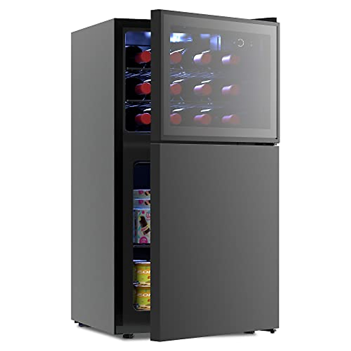 WATOOR Double Door Beverage Wine Cooler with Freezer,1.3 Cu Ft Mini Fridge and 1.3 Cu Ft Freezer with Reversible Door,Dual Zone Temperature Control,Perfect for Home or Office