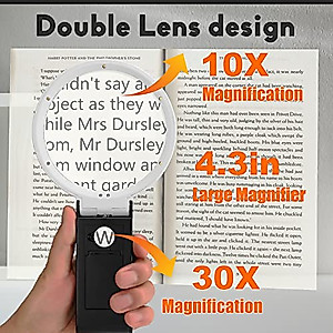 Anourney 10X 30X Large 4.35in Magnifying Glass with Light and Stand, Handheld Standing LED Illuminated Magnifier, Folding Reading Magnifying Glass with for Seniors Read, Cross Stitch, Map, Jewelry
