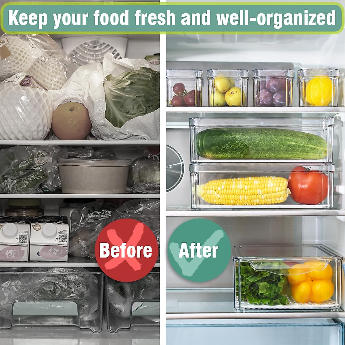 Cozihom Stackable Refrigerator Organizer Bins with Lids, Fridge Organization and Storage Containers, BPA-Free Plastic Pantry Bins for Fruits, Vegetable, Drinks, With Drain Tray, Set Of 7