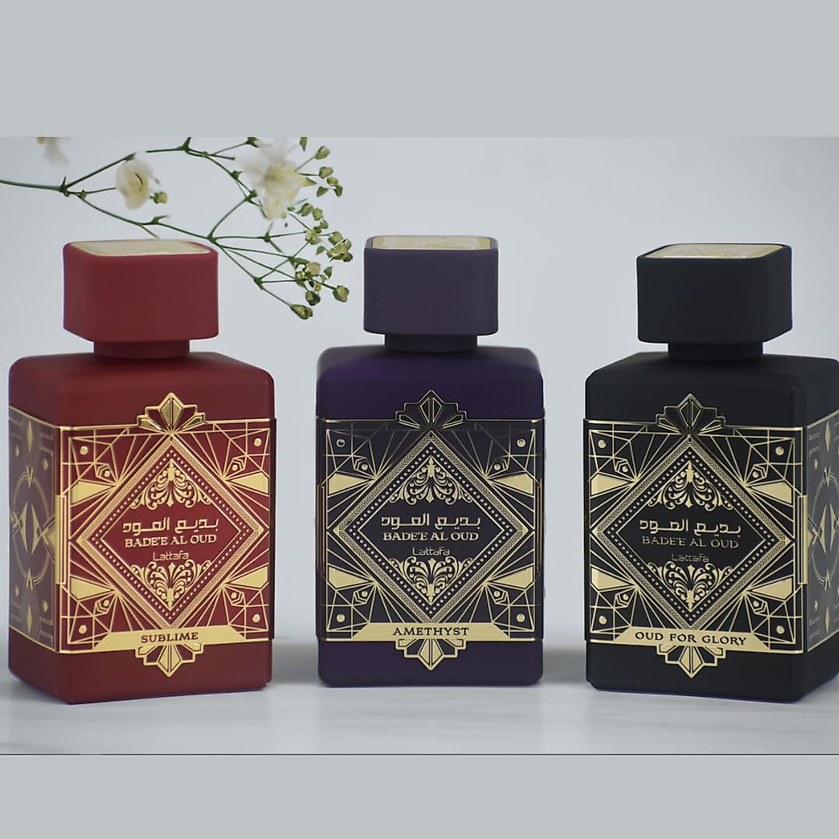 Lattafa Perfumes Bade'e Al Oud for Unisex 3 Piece Eau de Parfum Gift Set (Oud For Glory + Amethyst + Sublime) 3.4 Ounce/100 ml each