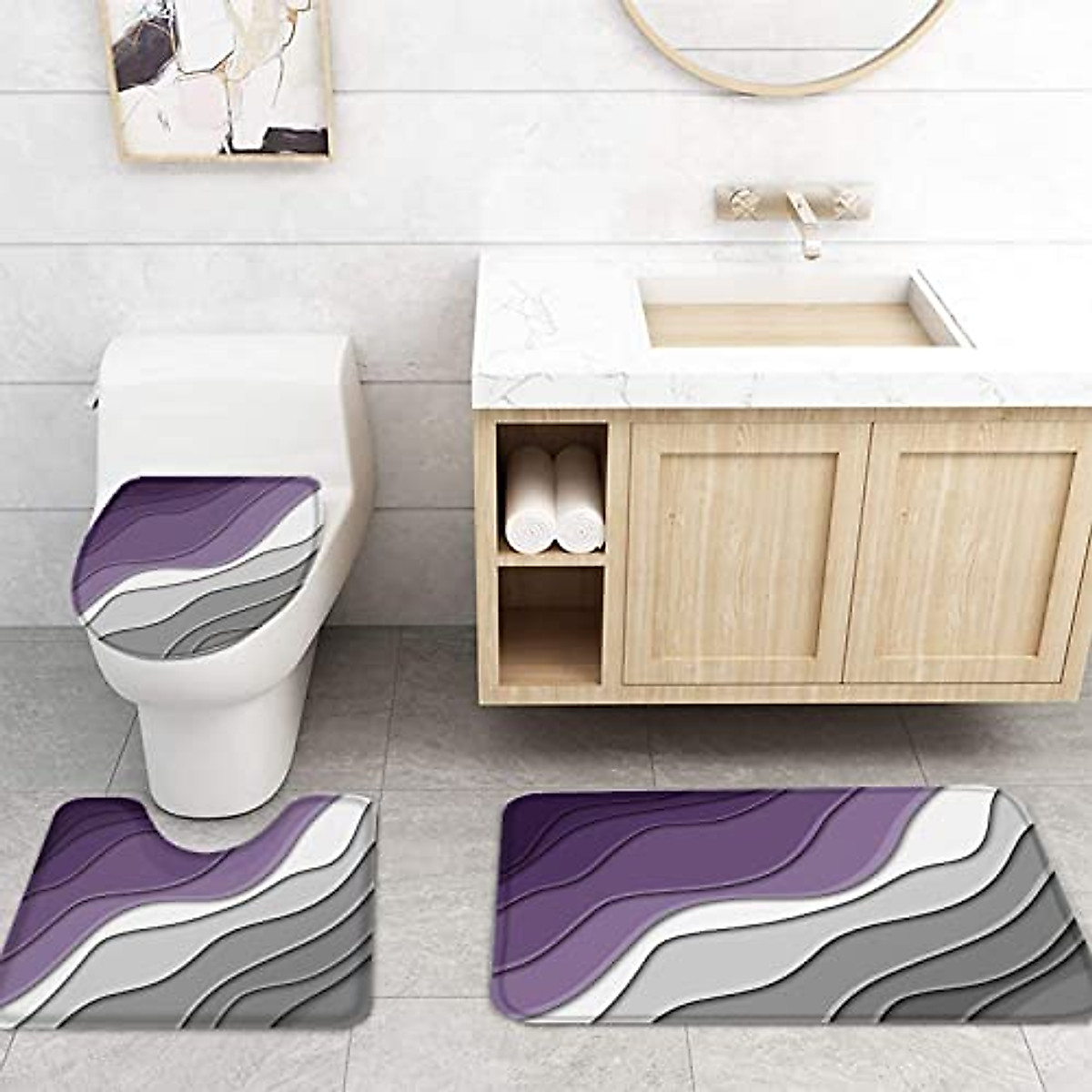 Comforance Purple Gray Modern Geometric Shower Curtain Set with Rugs and Hooks for Bathroom, 4PC Waterproof Fabric Bath Shower Curtain and Non-Slip Bathroom Mats, Abstract Gradient Art