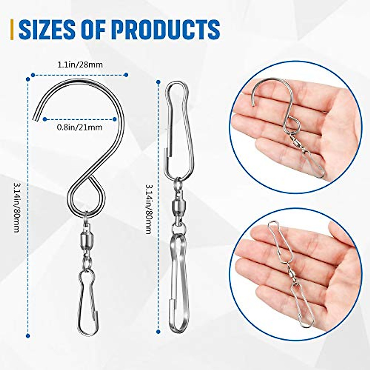 Wind Spinner Swivel Hooks 360 Degree Dual Spinning Windsock Chime Supplies Hanger Swivels Clip Hanging Hooks with Storage Box for Wind Spinners Supply, 2 Styles (Metal Color,30 Pieces)