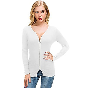 Afibi Women V Neck Zip Front Long Sleeve Casual Top Blouse Shirt/Cardigan (Large, White)