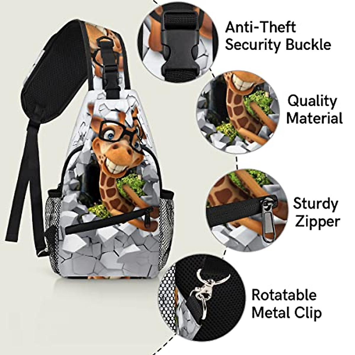 Cute Giraffe Sling Bag Crossbody Sling Backpack Water Resistant Shoulder Bag Outdoor Travel Hiking Chest Bag Daypack for Women Men Unisex