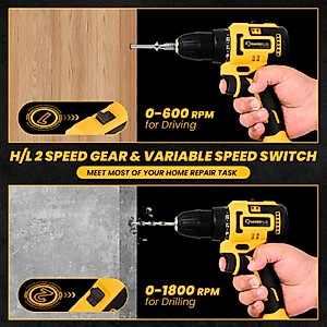 SakerPlus Cordless Drill Set with Drill Bits,22V Brushless Electric Screwdriver Driver Tool Kit,3/8-Inch Keyless Chuck,2 Variable Speeds,430 In-lbs Torque Battery Powered Drills for Home Repair & DIY