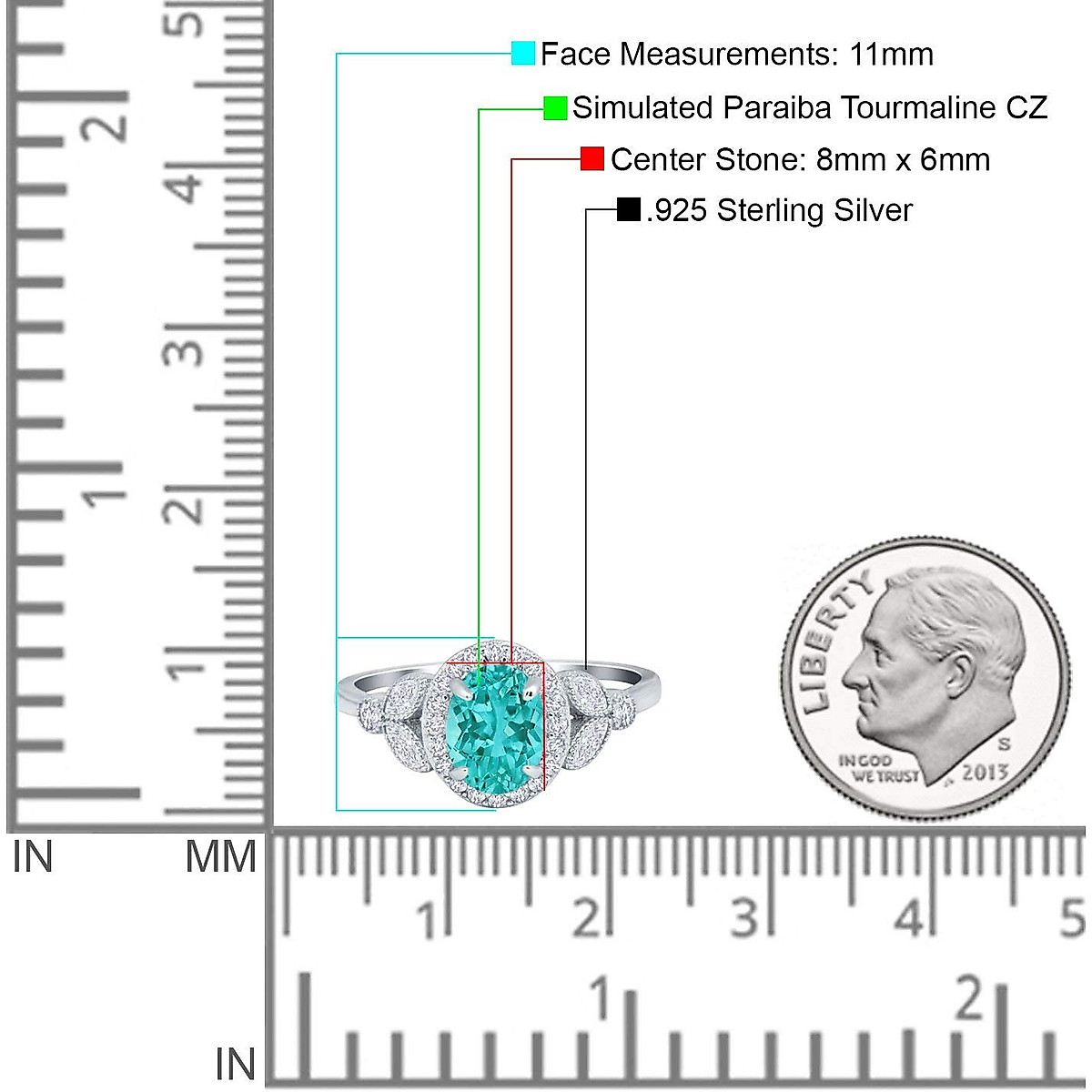 Blue Apple Co. Simulated Paraiba Tourmaline CZ Size-9 Oval Art Deco Wedding Engagement Ring Halo Round Simulated Cubic Zirconia 925 Sterling Silver