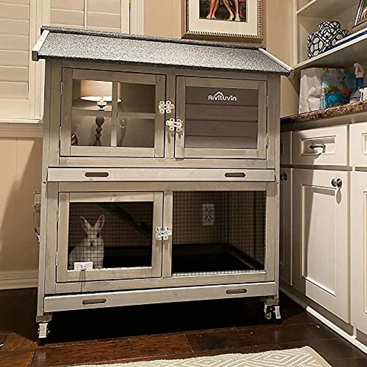 Rabbit Hutch Indoor Rabbit Cage for Small Animals Outdoor Bunny Cage with Movable Wire Netting, Guinea Pig Habitat On Wheels,Pull Out Leak Proof Tray (Grey+Camel)