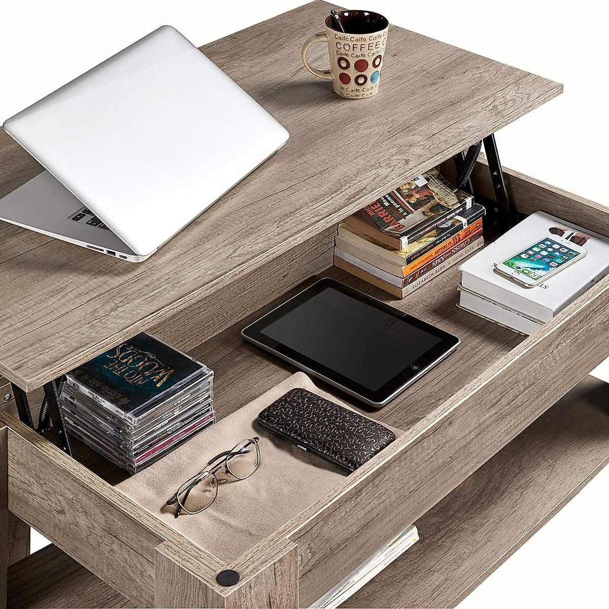 Yaheetech Lift Top Coffee Table with Hidden Compartment and Storage Shelf, Rising Tabletop Dining Table for Living Room Reception Room, 38.6in L, Grey