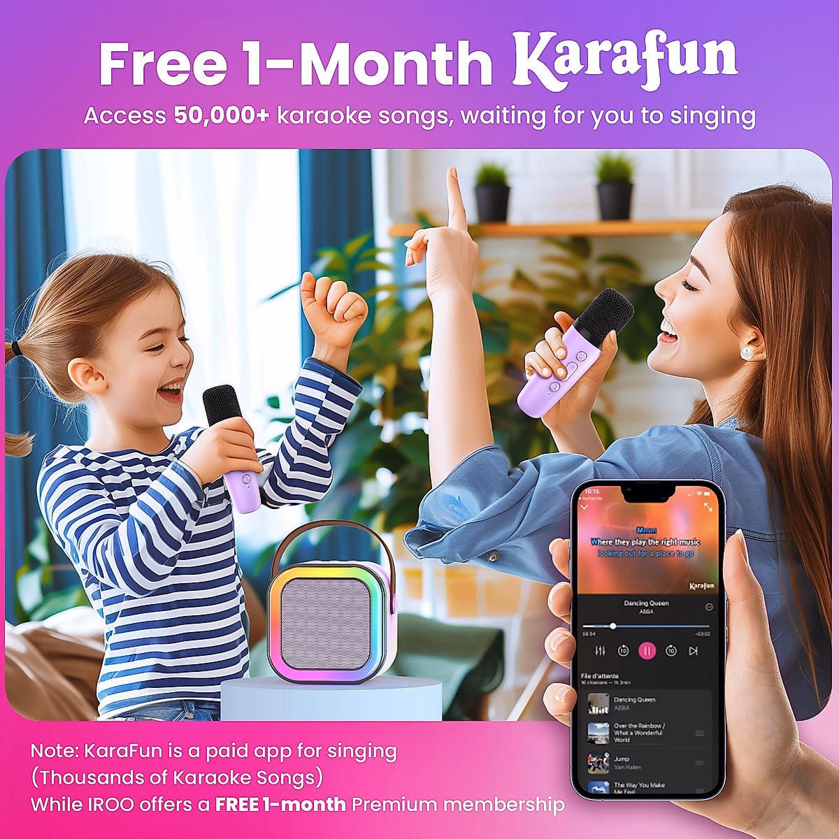 IROO Mini Karaoke Machine for Kids, Easter Busket Birthday Gifts Toys for Girls Boys Friends Age 3-12+, Portable Bluetooth Speaker with 2 Wireless Mics, Karafun Premium Songs Family Party(Purple)