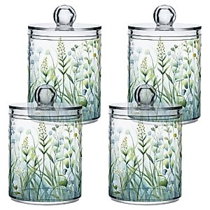 YETTASBIN Green Leaves Clear Plastic Apothecary Jars 4 Pack, 14 oz Qtip Holder Dispenser with Lid, Clear Bathroom Storage Canister for Cotton Ball, Cotton Swab, g337490891p746c790s1725