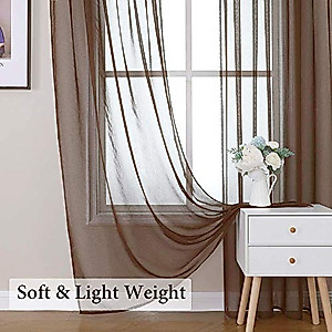 MIULEE Chocolate Brown Linen Textured Sheer Curtains 84 Inch Length 2 Panels Set for Bedroom/Living Room Semi Transparent Dark Brown Farmhouse Window Drapes Rod Pocket W 54 x L 84 Inches Long