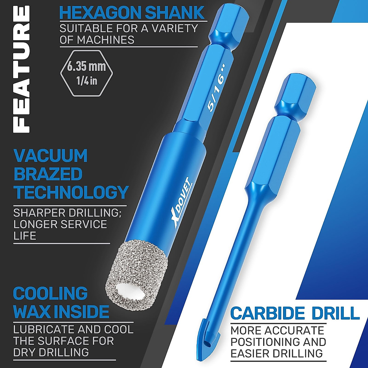 XDOVET Dry Diamond Drill Bit Sets Hex Shank 6Pcs 1/2" to 1/4" Core Drill Bits for Granite Marble Porcelain Glass Lenses Tile etc