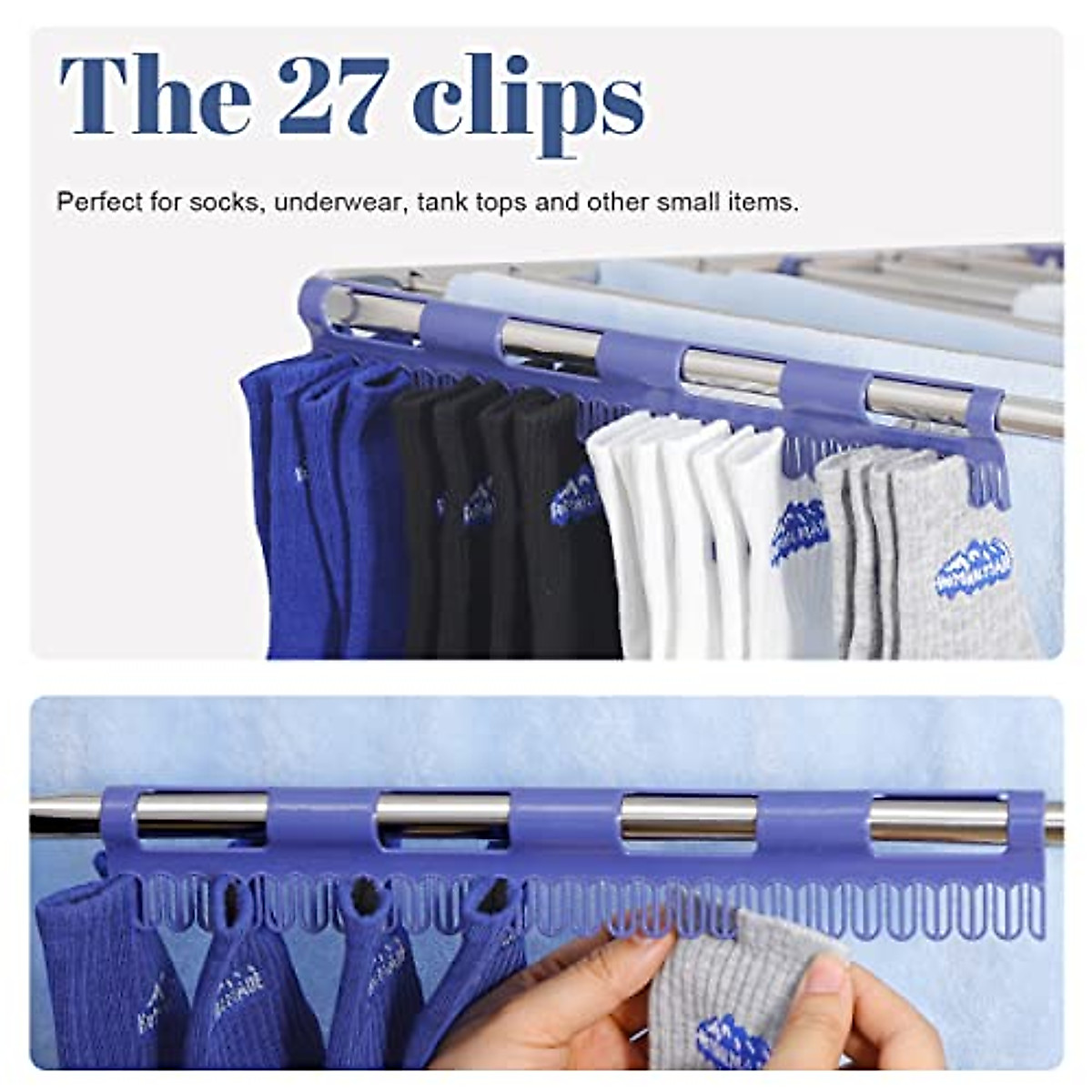 ZenStyle Clothes Drying Rack, 2-Level Laundry Drying Rack with Sock Clips, Stainless Steel Foldable Laundry Hanger with Height-Adjustable Gullwings for Clothes, Towels, Sheets, Silver