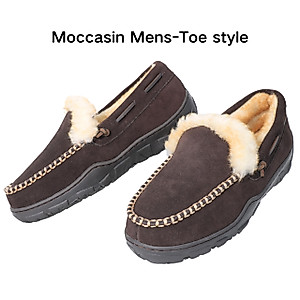 PEDOQU Men's Moccasin Slippers Genuine Suede Uppers Shearling Lining Memory Foam House Shoes, Indoor and Outdoor Warm Loafer