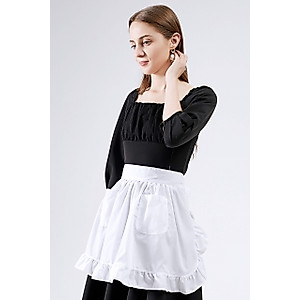 LilMents Twin Pack Retro Kitchen Ruffles Waist Apron with Pockets (White)