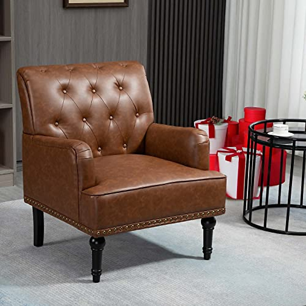 MOJAY Mid-Century PU Leather Accent Chair, Living Room Lounge Sofa Chair with Black Painted Rubber Wood Feet, Single Club Armchair with Rivet Trim for Bedroom Home Reception (Brown)
