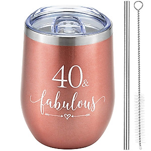 Crisky Rose Gold 40 & Fabulous Wine Tumbler for Women 40th Birthday Gifts for Women, Wife, Mom, Sister, Aunt, Friends, Coworker Her, Vacuum Insulated Coffee Cup,12oz with Box, Lid, Straw