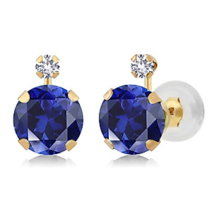 Gem Stone King 14K Yellow Gold Blue and White Created Sapphire Jewelry Earrings For Women (2.08 Cttw, Round 6MM+2MM)