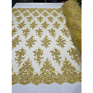New Creations Fabric & Foam Inc, 50" Wide Floral Design Embroidery On A Mesh Lace with Sequins and Cord Fabric (1 Yard, Metallic Gold)