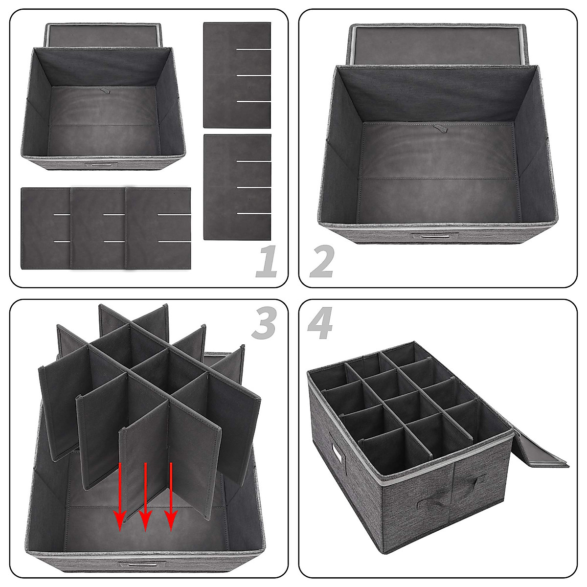 Stemware Storage Cases, Wine Glass Storage Box Containers for Glassware or Crystal, Holds 12 Red or White Wine Glasses, Hard Top and Sides (Grey)