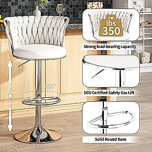 AWQM Velvet Bar Stool Set of 4,Counter Height Barstools Adjustable Kitchen Island Chairs,Swivel Bar Stools Upholstered Bar Chairs Counter Stool Armless Chairs with Back & Footrest, Beige