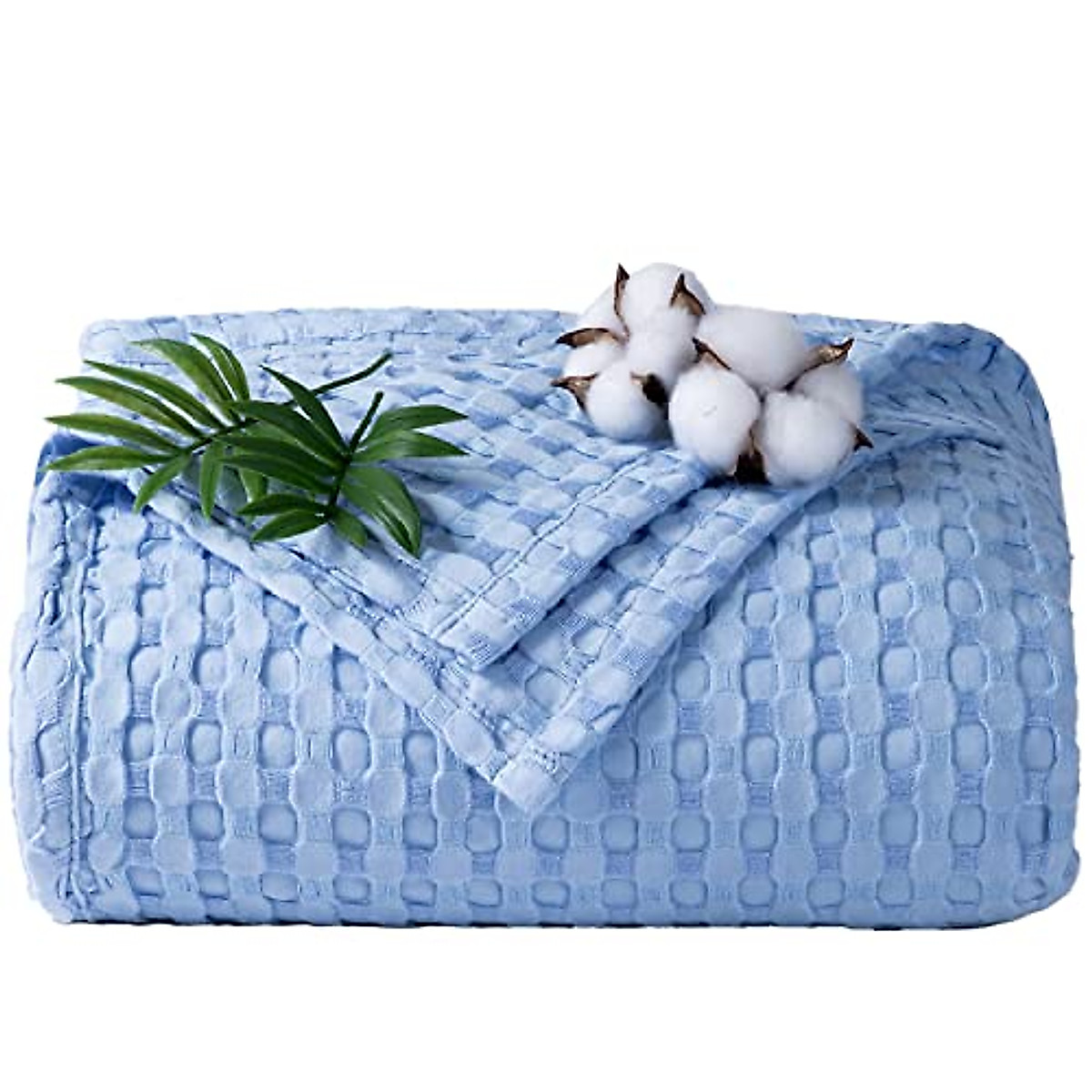 LBRO2M Waffle Blanket Twin Size Bamboo Cotton Cooling,Summer Lightweight Bed Sofa Couch Throws Blankets,Super Soft Cool Weave Travel for All Season, Lake Blue