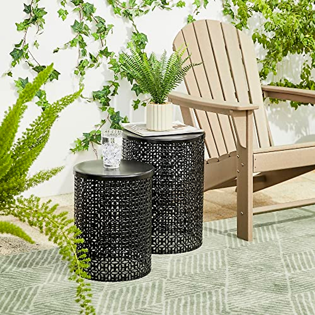 glitzhome Nesting Side Table Set of 2 Decorative Garden Stools for Indoor Outdoor Heavy Duty Metal Frame Side Table Modern End Table, Glossy Black
