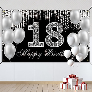 HTDZZI 18th Birthday Banner Backdrop, Happy 18th Birthday Decorations for Boys Girls, Black Silver 18 Year Old Birthday Party Yard Sign Photo Props Decorations Supplies for Men Women, Fabric