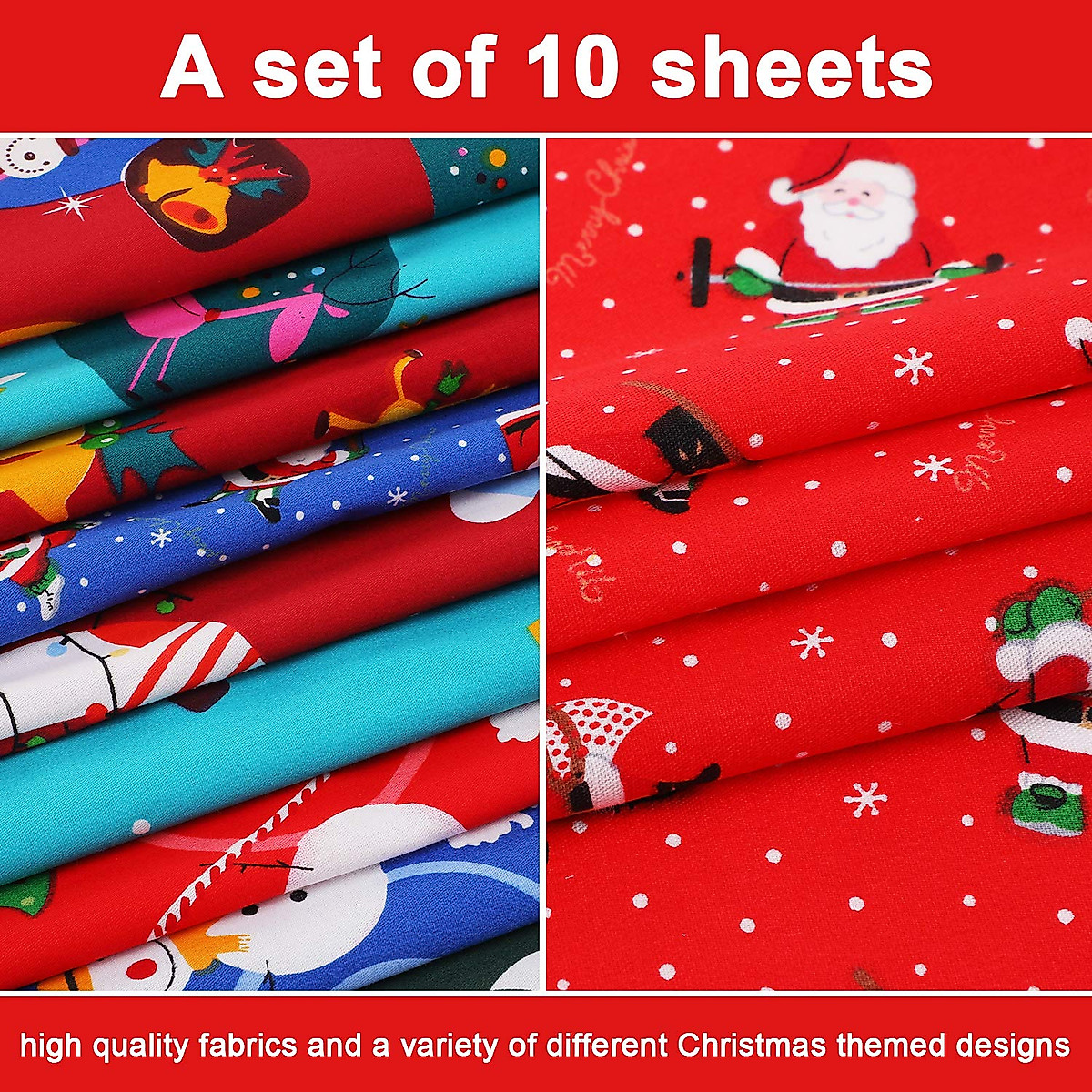 10 Pieces Christmas Fabric 18 x 22 Inch Christmas Fabric Bundles Sewing Squares Fabric Quilting Patchwork Christmas Tree Fat Quarters Precut Santa Claus Fabric Scraps for Christmas DIY Crafts