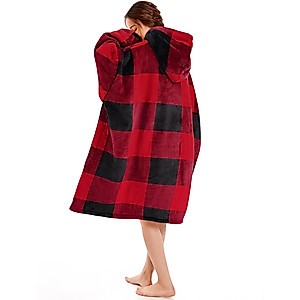 Blanket Hoodie Women & Men,Premium Sherpa Fleece Oversized Hoodie Blanket with Giant Pocket for Women,Super Cozy and Big Wearable Blanket Hoodie Gift Red Plaid