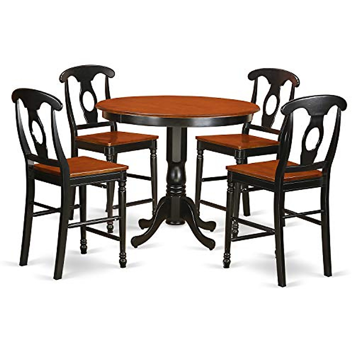 East West Furniture TRKE5-BLK-W 5 Piece Kitchen Counter Height Dining Table Set Includes a Round Dining Room Table and 4 Wooden Seat Chairs, 42x42 Inch, Black & Cherry