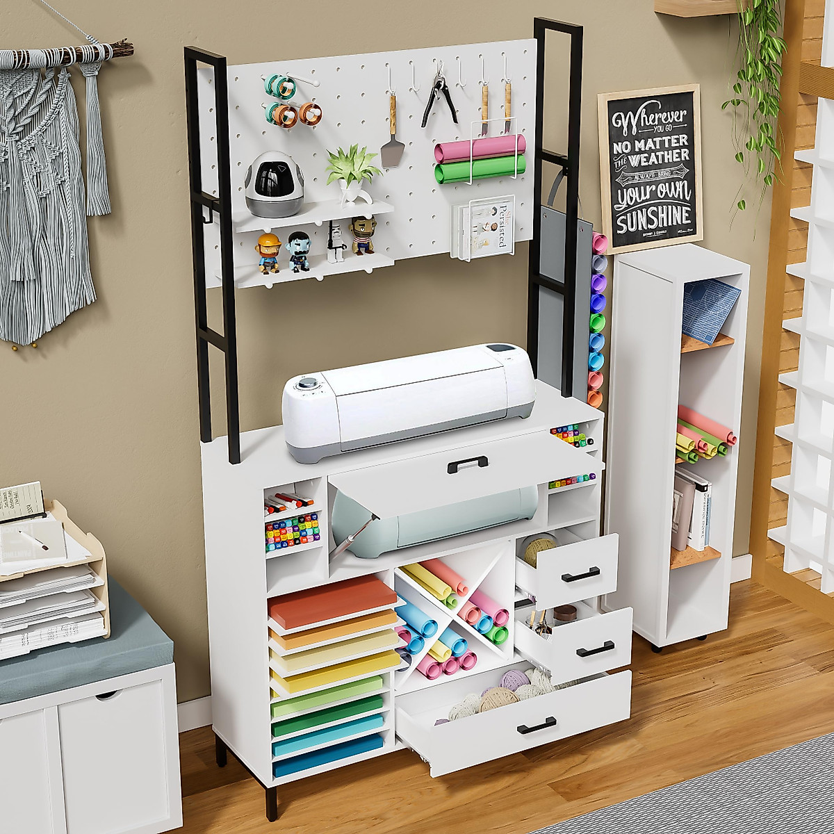 PAKASEPT Craft Organizers and Storage Cabinet Compatible with Cricut Machines, Cricut Accessories Craft Table with Power Outlet, Pegboard, Vinyl Holders for Craft Room Home Furniture