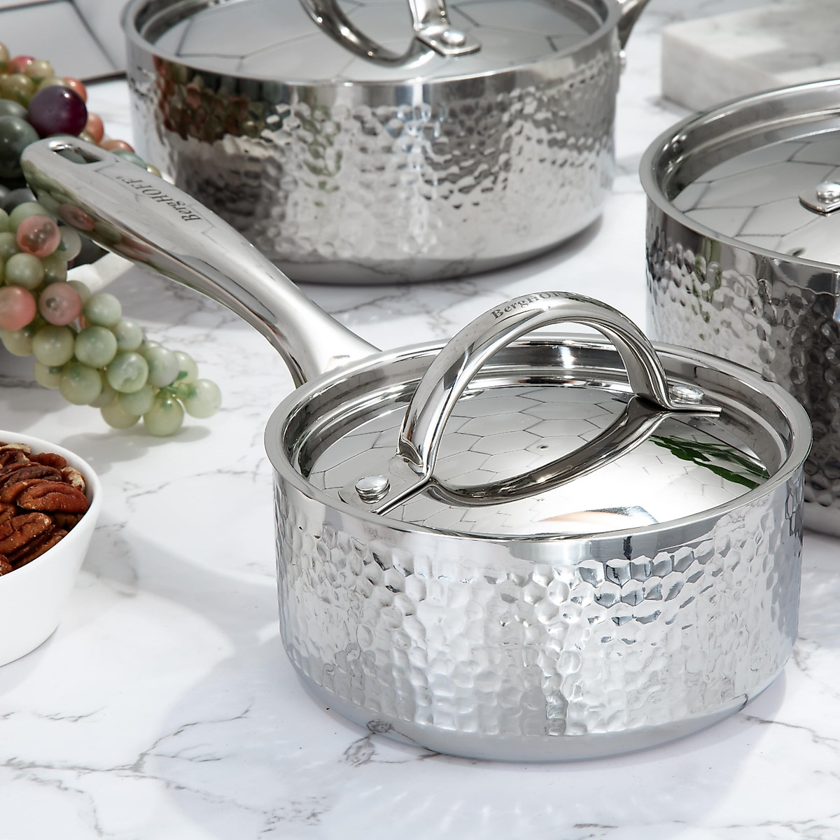 BergHOFF Vintage Tri-Ply 18/10 Stainless Steel Saucepan 5.5in 1qt. With Matching Lid, Hammered, Long and Ergonomic Shaped Handle, Induction Cooktop, Silver
