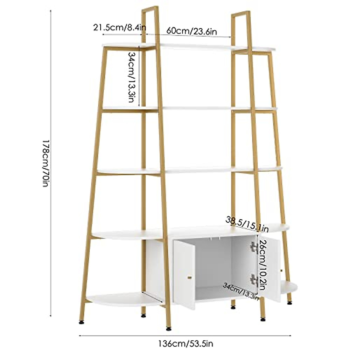 finetones Triple Wide 5-Tier Bookcase with Cabinet, White Bookshelf with Gold Metal Frame, Industrial Style Free Standing Bookshelf, Adjustable Feet, Large Open Display Shelves for Home & Office