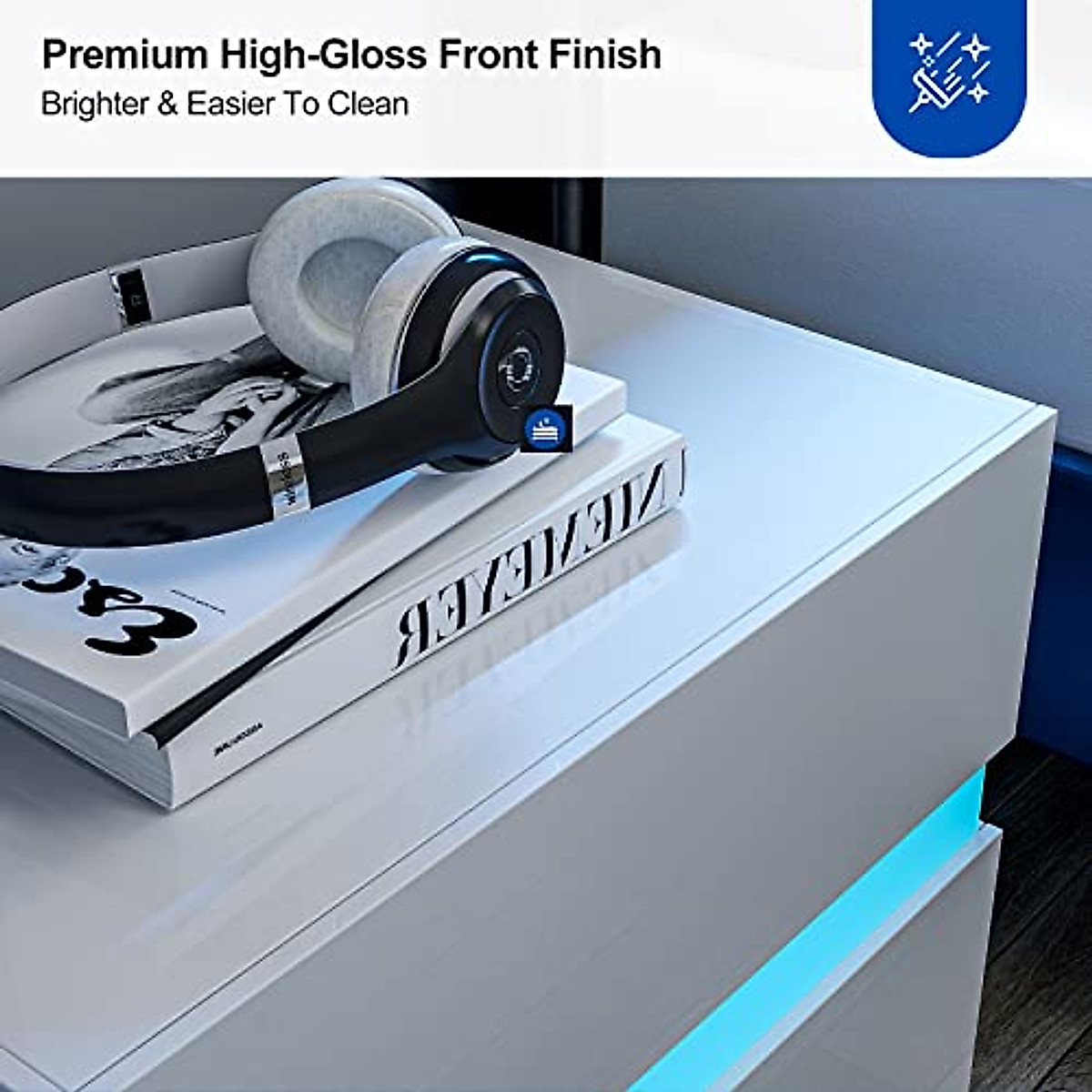 IKIFLY Modern LED End Table with 2 Drawers, High Glossy Nightstand with Storage Cabinet, Bedside for Bedroom Furniture