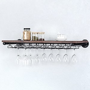 OLDRAINBOW Industrial Pipe Shelving Hanging Stemware Racks,Wall Mounted Wine Rack with 8 Glass Holder,Floating Shelves Stemware Holder,36in Metal Wood Shelf