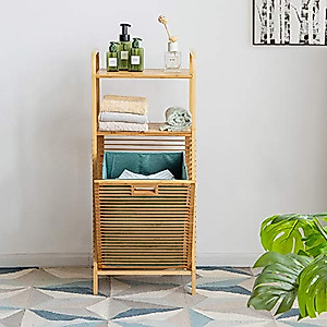 RELAX4LIFE Laundry Hamper Bamboo W/ Removable Liner, 2-Tier Shelves Tilt-out Design Space-Saving Laundry Hamper Basket for Bathroom, Living Room,Bedroom, Natural +Green
