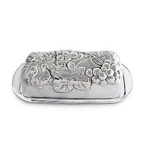 Arthur Court Designs Aluminum Grape Covered Butter Cream Cheese Dish Container Keeper Hand Polished Tarnish Free Artisan Quality with glass dish 7 inch Long