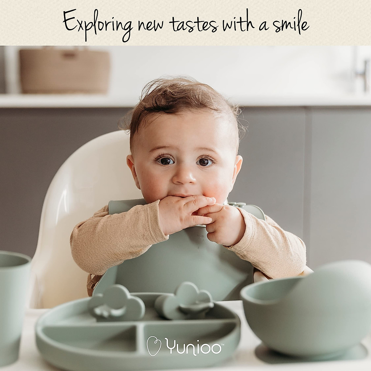 Yunioo Extra Heavy Silicone Baby Feeding Set Essentials, Premium 9-Piece Set of Baby Led Weaning Supplies with Silicone Baby Plate with Lid, Superior Suction Bowl and Baby Utensils - Green