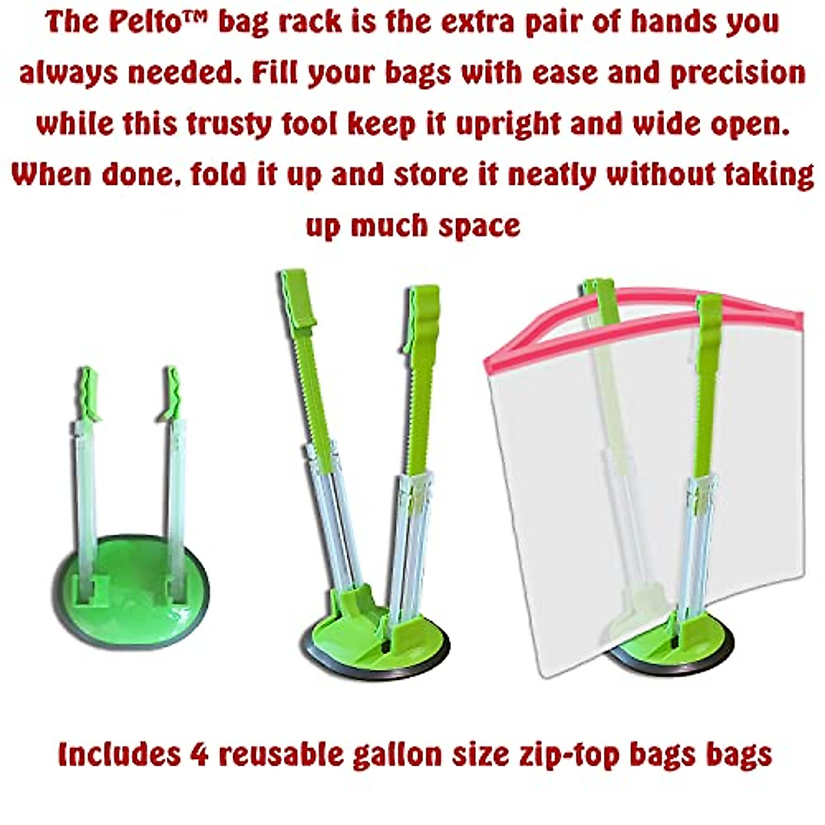 Baggy Rack (2-Pack) Ziplock Bag Holder Stand + Reusable 1 Gallon Freezer Bags (4-Pack) - Hands-Free Food Storage Bag Rack for all Size Food Prep Sandwich Bags + 4 Thick PEVA / Silicone Freezer Baggies