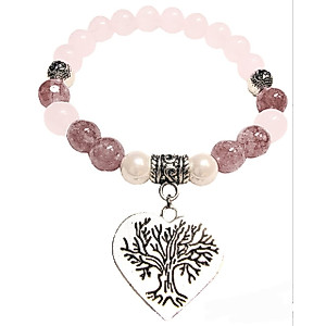 Tree of Life Heart Charm Bracelet with REAL Natural Stones Lepidolite & Rose Quartz & South Sea Pearl - Chakra Bracelet Anti-Stress Anti-Anxiety Gemstones Jewelry (lepidolite)