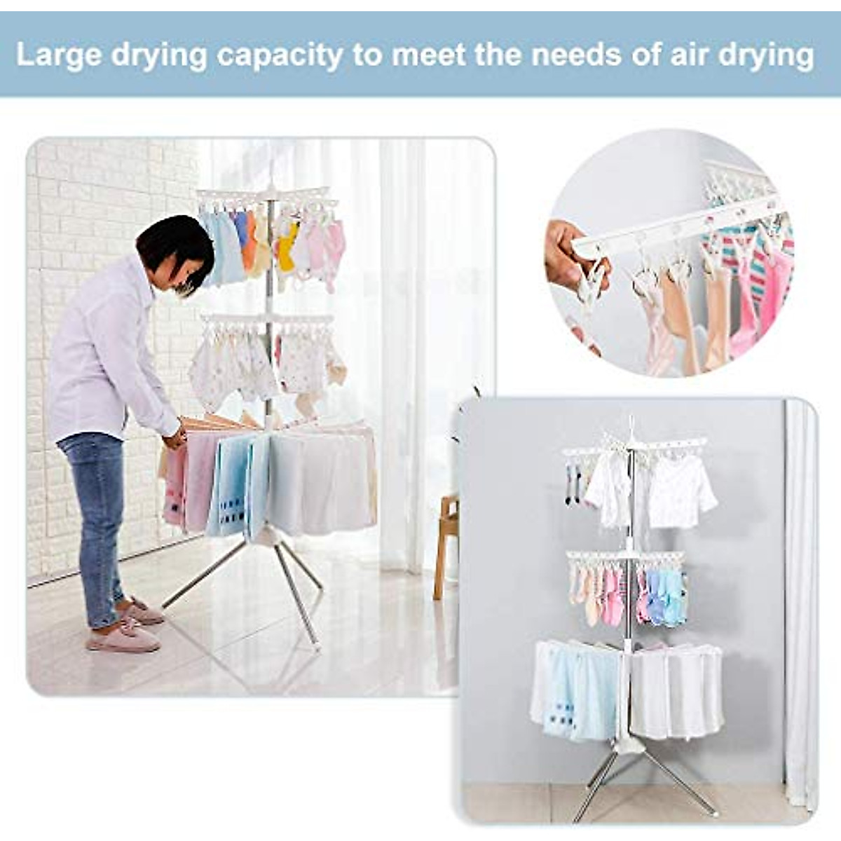 GOTOTOP Tripod Clothes Drying Rack, Collapsible Portable Tripod Clothes Drying Rack Simple Indoor Outdoor with 4 arms for Laundry Hanging Towels Baby Clothes Socks Underwear(Ivory White)