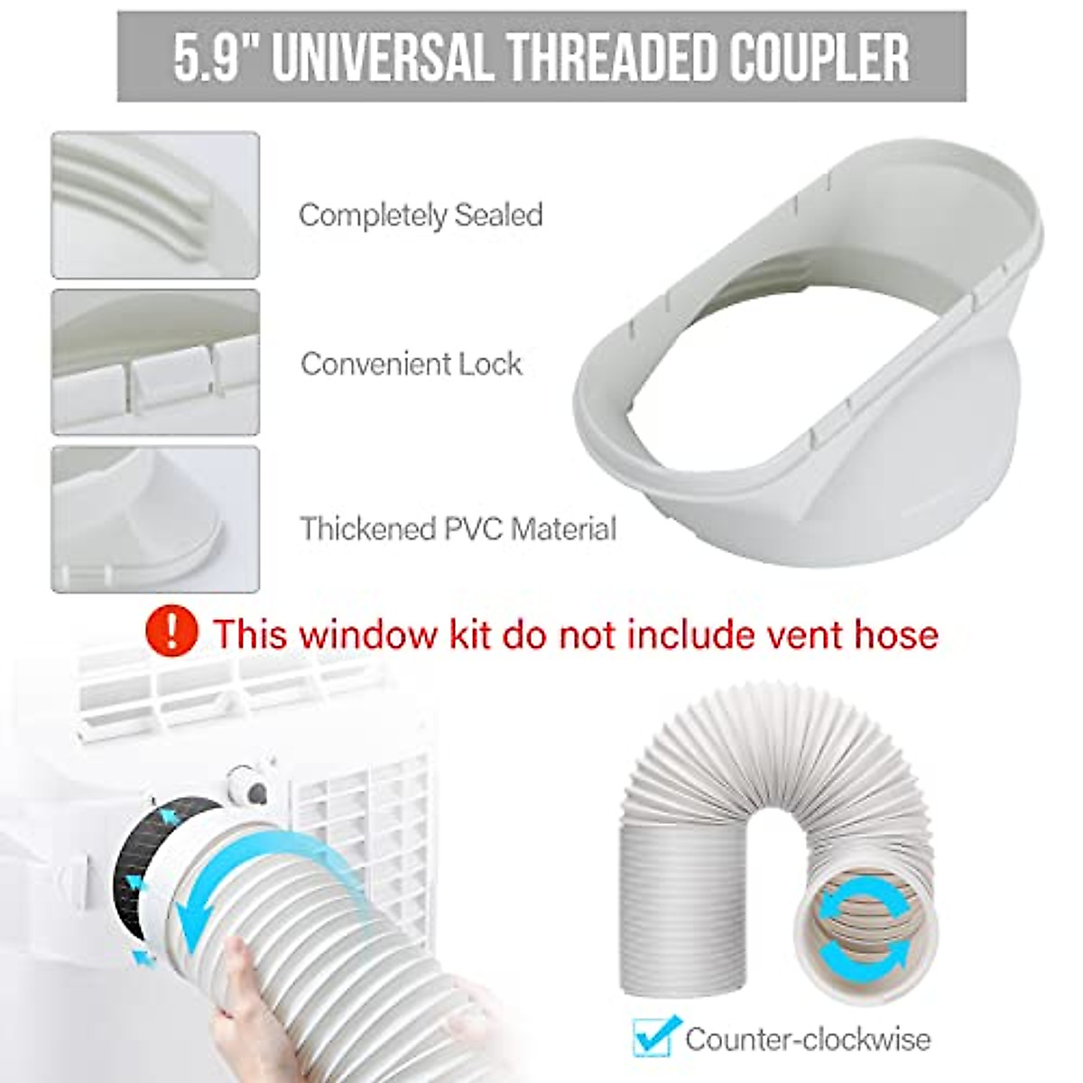 BEWAVE Portable Air Conditioner Window Vent Kit, Adjustable Window Seal Kit with 5.9" Hose Adapter for AC Unit Universal for Sliding Horizontal or Vertical Window