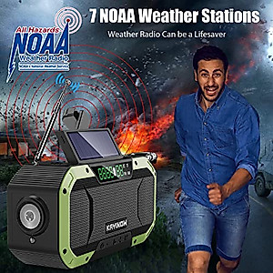 Emergency Hand Crank Solar Radio,Waterproof Bluetooth Speaker,AM FM NOAA Portable Digital Weather Radio with Flashlight,Reading Lamp,5000mAh Cell Phone Charger,SOS Alarm,Compass,Survival Camping Gear