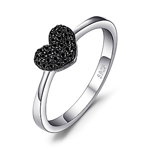 JewelryPalace Love Heart Genuine Black Spinel Rings for Her, 14K White Gold 925 Sterling Silver Promise Ring for Women, Natural Gemstone jewelry Sets Rings size 5